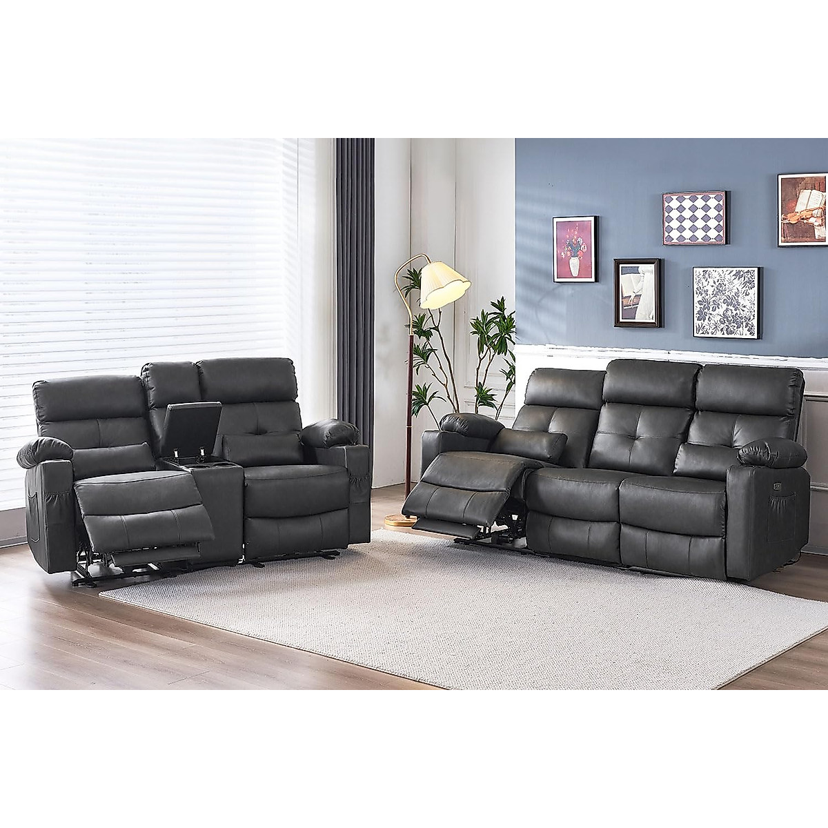 Consofa Power Recliner Sofa Set for Living Room, 2 Pieces Recliner Furniture Sofa Set, Power Reclining Sofa and Loveseat Set with Massage and Heat, Reclining Loveseat with Console for Living Room