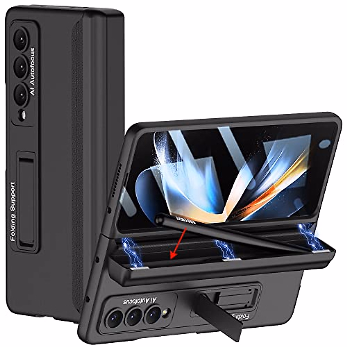 DOOTOO for Samsung Galaxy Z Fold 4 Case Magnetic Hinge Protection Built-in S Pen Holder with Front Glass Kickstand All-Inclusive PC Shockproof Case for Samsung Z Fold 4 5G 2022 (Black)