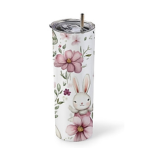 Tumbler with Lid and Straw Miss Rabbit and Flowers thermos coffee travel mugcute cups 20 oz insulated tumbler for Daily Holiday Decor Gift coffee cup