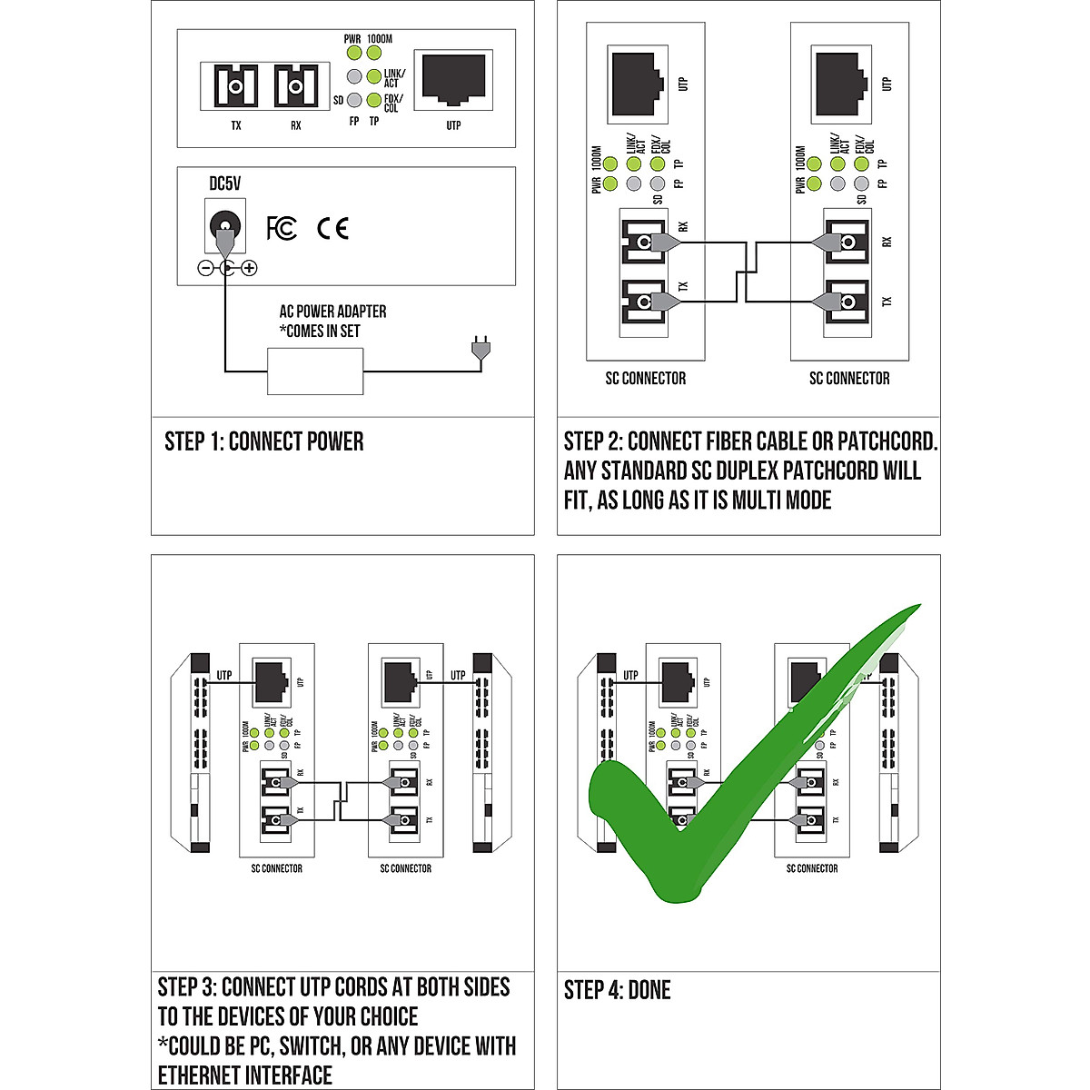 Multimode SC 850nm Gigabit Fiber Media Converter - Built-In SC Fiber Module 550m (0.34 miles) – to UTP Cat5e Cat6 10/100/1000 RJ-45 – Auto Sensing Gigabit | Fast Ethernet Speed - Jumbo Frame - LLF