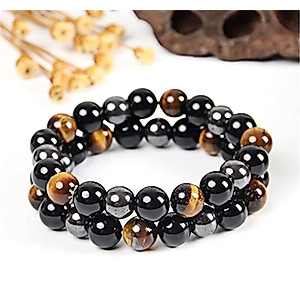 WFJ Black Obsidian Hematite Triple Protection Bracelet Tiger Eye Beads Bracelets for Men and women（10MM）, Set of 2 black,gray 19cm