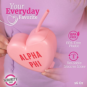 Sorority Shop Phi Mu Tumbler with Straw - Candy Heart Shaped 16 Oz Tumbler with Lid and Silicone Straw, Reusable Plastic Cup with Screen Printed Sorority Name for any Cold Drink