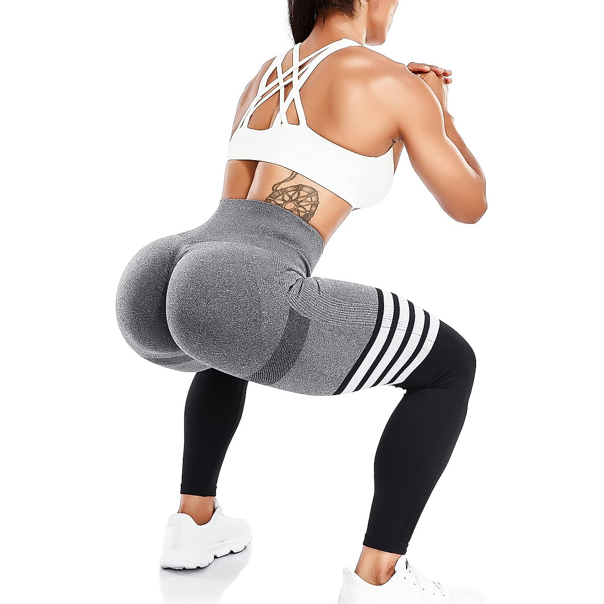 KIWI RATA Women Ribbed Booty Seamless Leggings High Waisted Workout Butt Lift Gym Yoga Panst Stretch Tights (#0 Stripe Black, M)