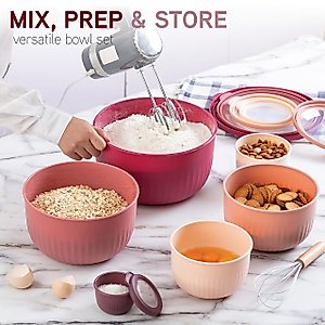 COOK WITH COLOR Prep Bowls with Lids- Wide and Deep Nesting Plastic Small Mixing Bowl Set with Lids, 12 Piece Set - Deep Bowls, Rose