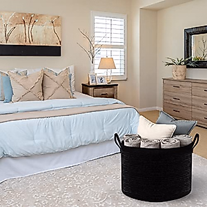 Extra Large Storage Laundry Basket 22" X 16" Cotton Rope Woven Basket for Blanket Basket with Handles for Living Room Toys Storage XXXL (Black)