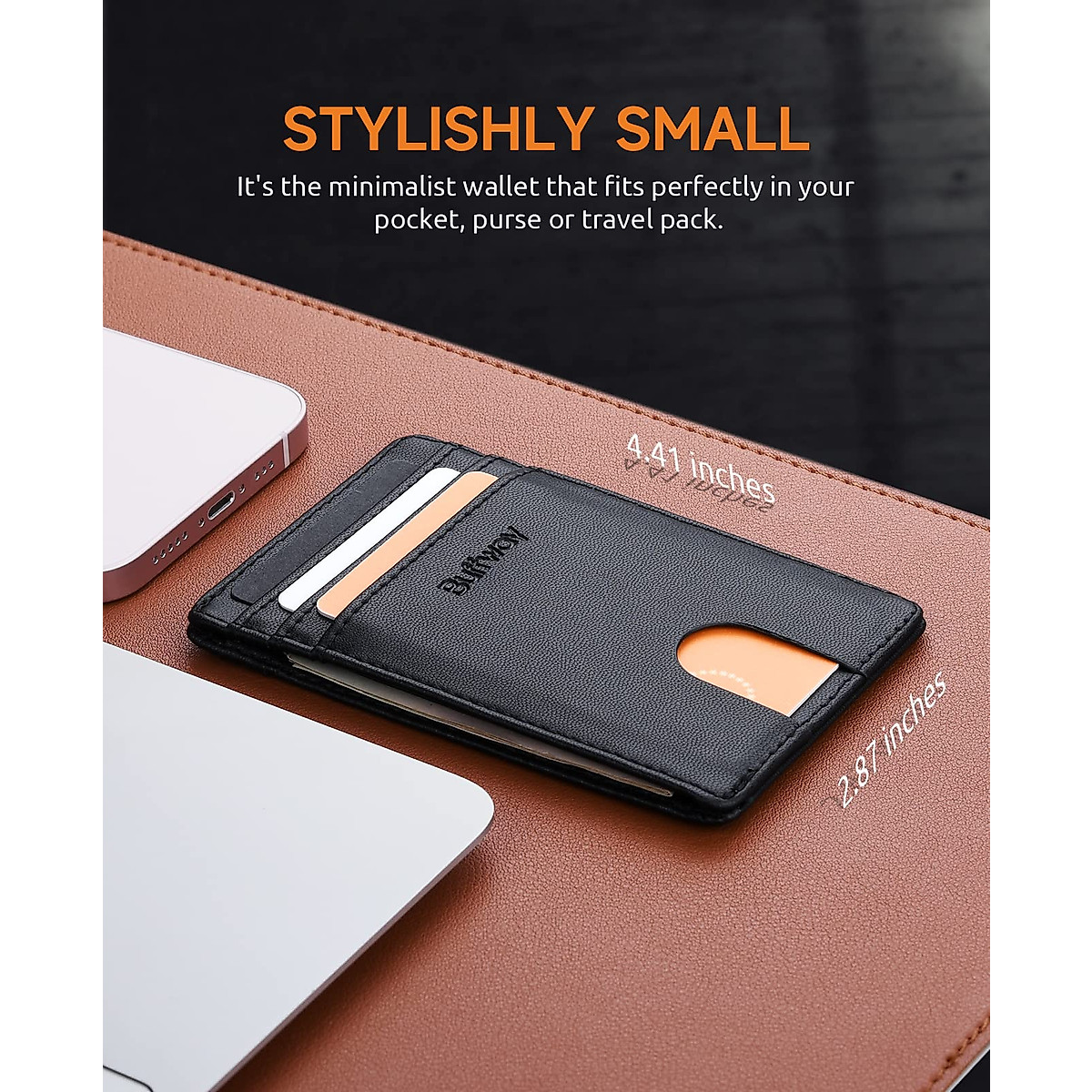 Buffway Mens Slim Wallet, Minimalist Thin Front Pocket Leather Credit Card Holder with RFID Blocking for Work Travel - Boston Black