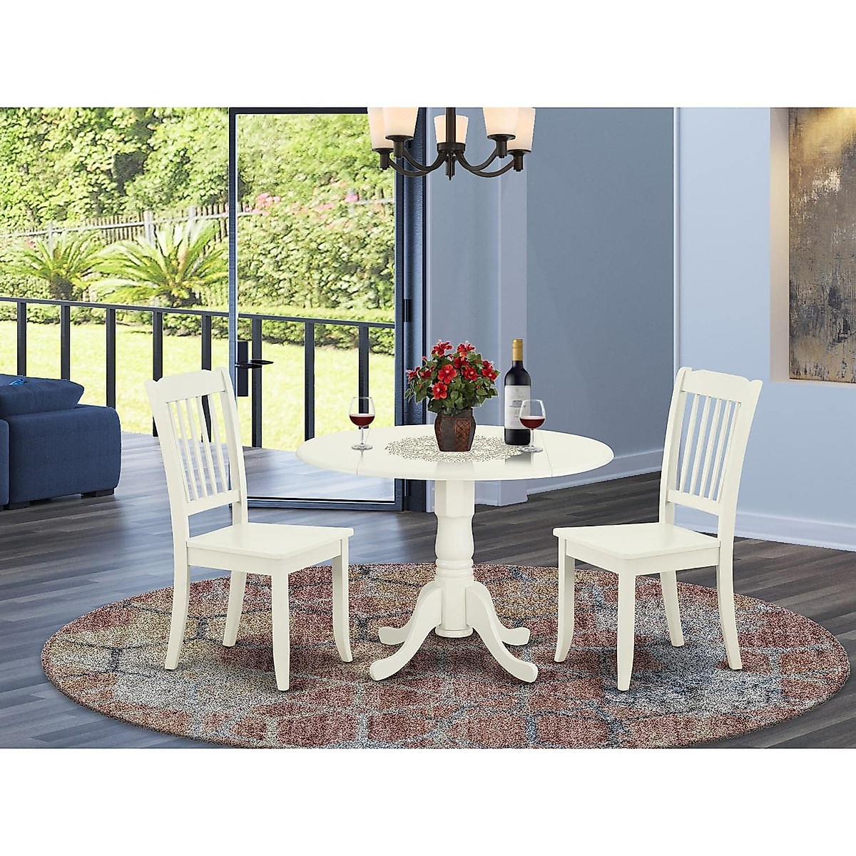 East West Furniture DLDA3-LWH-W 3 Piece Kitchen Table & Chairs Set Contains a Round Dining Room Table with Dropleaf and 2 Solid Wood Seat Chairs, 42x42 Inch, Linen White