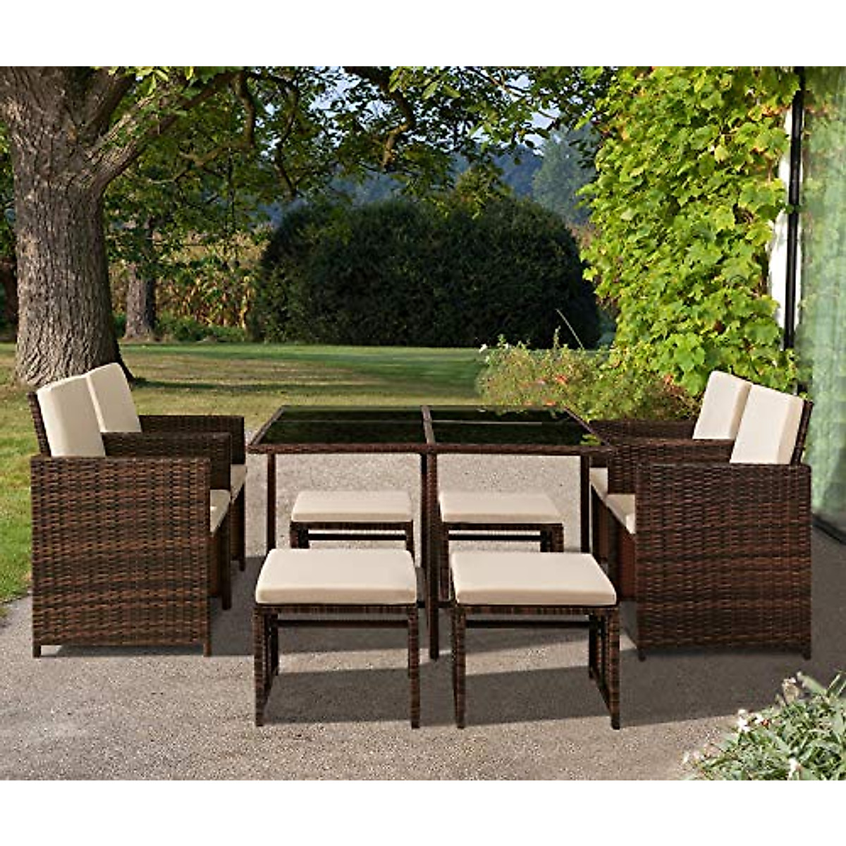 Tuoze 9 Pieces Furniture Dining Outdoor Sectional Rattan Patio Conversation Space Saving Cushioned Sets with Glass Table for Garden Poolside Balcony (Brown), Beige