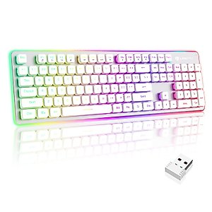 LANGTU W1 Wireless Gaming Keyboard, Rechargeable 2.4G Rainbow Backlit LED Keyboard with Metal Panel, 104 Keys Wireless Computer Keyboard for Windows, Laptop, Desktop, Office