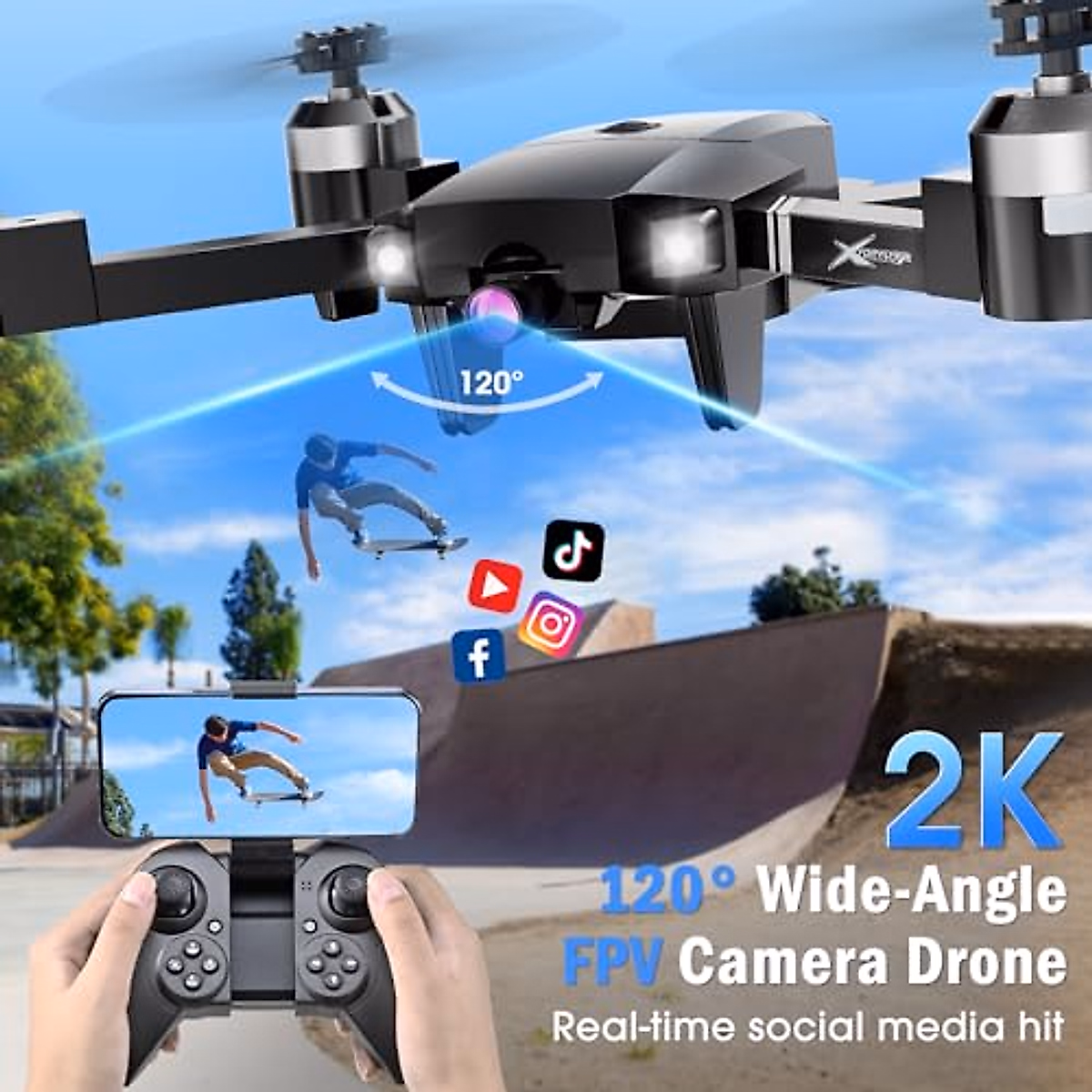 ATTOP Drone with Camera for Adults, 2K Live Video 120° Wide Angle APP-Controlled Camera Drone for Kids 8-12, Beginner Friendly with 1 Key Fly/Land/Return, Remote/Voice/Gesture/Gravity Control, FPV Drone w/ Safe Emergency Stop, 360° Flip, VR Mode, Carrying