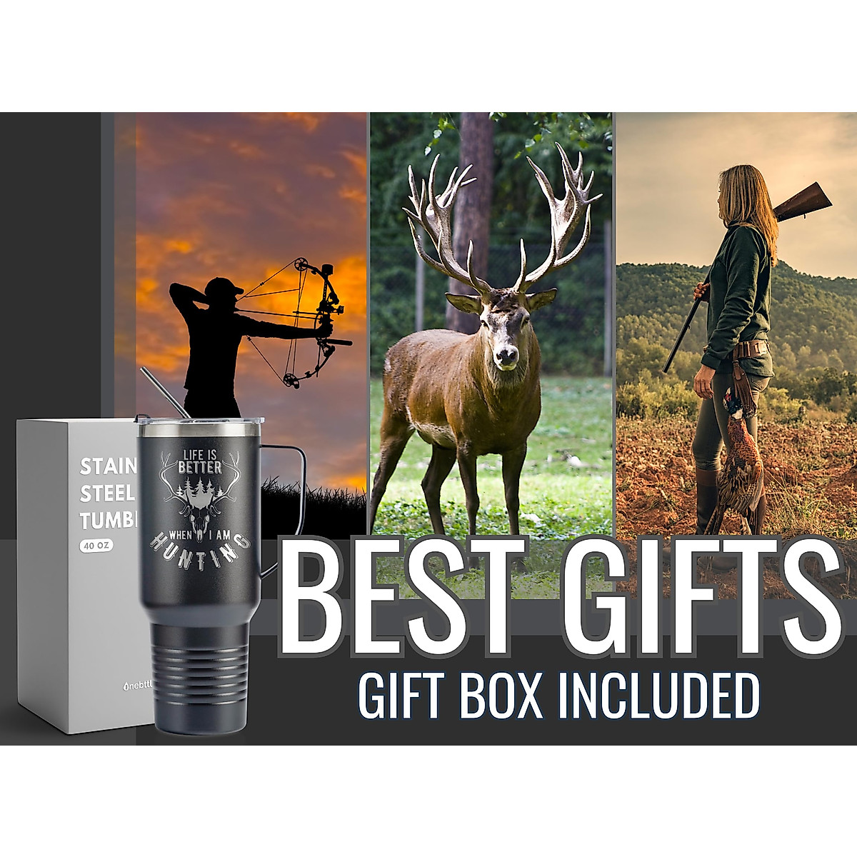 Onebttl Hunting Gifts for Men, Funny Hunting Gifts for Hunter, 40oz Stainless Steel Insulated Tumbler with Handle, Lid & Straw for Hunting Dad, Husband, Black - Life is Better When I am Hunting