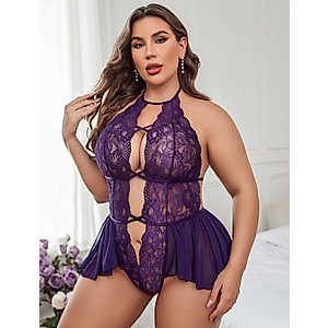Avidlove Womens Plus Size Lingerie Lace Bodysuit Teddy Deep V One Piece Lace Babydoll Purple