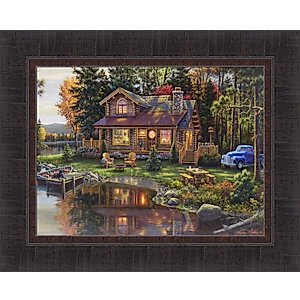 Peace Like A River by Kim Norlien 17x21 Log Cabin Vintage Truck Lake Adirondack Chairs Boat Dock Framed Art Print Picture