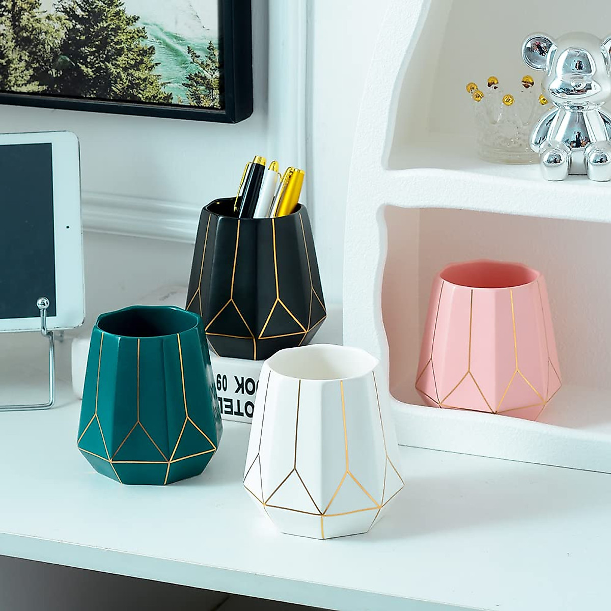 YOSCO Ceramic Desk Cute Pen Holder Stand Gold Line Pencil Cup Pot Desk Organizer Makeup Brush Holder (B-Dark Green)