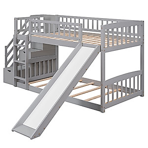 Harper & Bright Designs Low Bunk Bed with Slide and Stairs, Twin Over Twin Wooden Bunk Bed Frame with Storage, for Kids Girls Boys - Gray