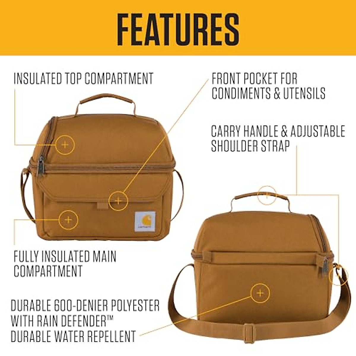 Carhartt 12 Can Two Compartment Lunch Box | Durable, Fully-Insulated Lunch Bag for Women & Men, Large Lunchbox (Black)