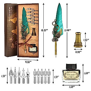 Hethrone Calligraphy Pens - Caligraphy Pens for Writing Feather Pen Quill Pen and Ink Set with Black Ink 10 Replaceable Nibs Gift Set (Green)