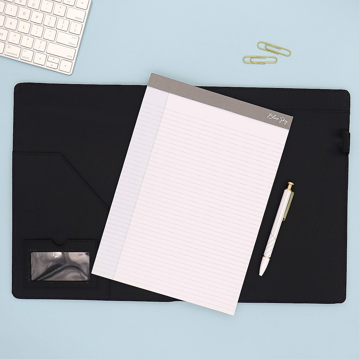 Blue Sky Professional Padfolio, 9.5" x 12", Textured Faux Leather Cover, Black, 8.5” x 11" Paper Notepad Included, 14714