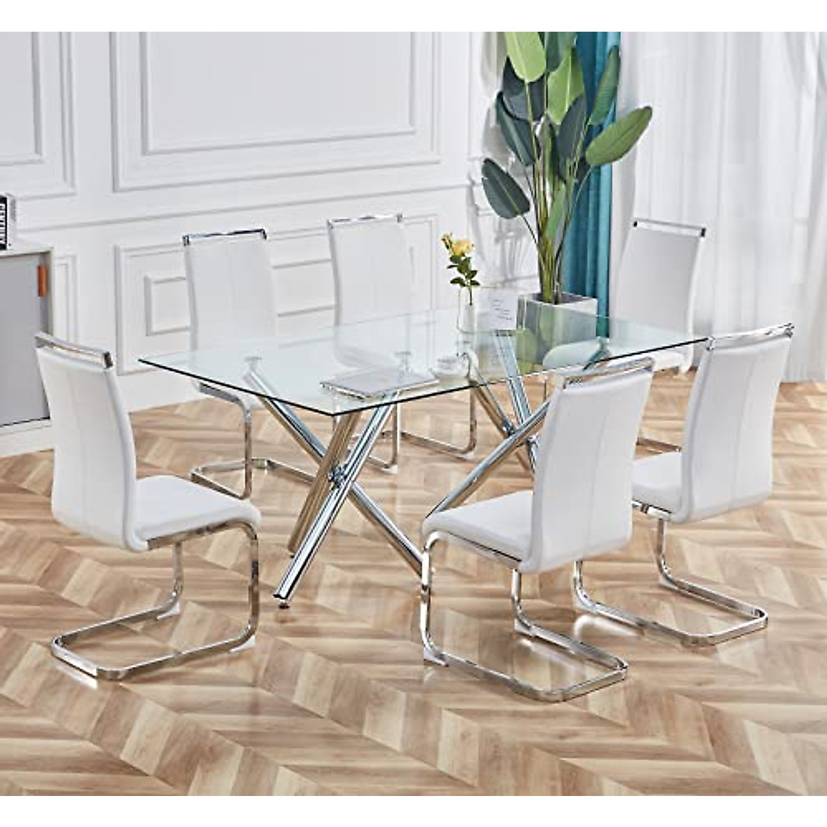 JUFU Home Dining Chairs Set, 6Pcs Armless Kitchen Chairs with PU Leather Seat,High Back for Living Room, Office