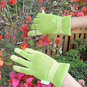 HANDLANDY Leather Gardening Gloves for Women, 3D Mesh Comfort Fit- Improves Dexterity and Breathability, Pigskin Scratch Resistance Garden Yard Working Gloves (Medium, Green)