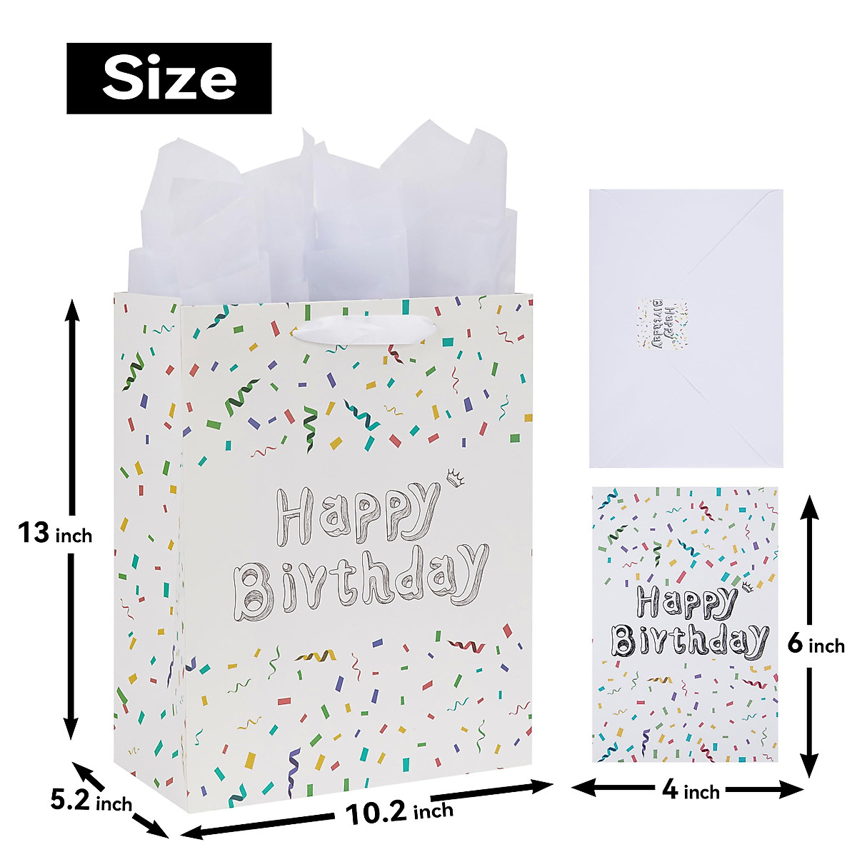 13" Large White Gift Bag Set with Greeting Card and Tissue Papers (Sketch-shaped Happy Birthday) for Women's or Men's Birthday Party, Girls', Boys' or Kids' Birthday Parties, Baby Shower, Baby Girl or Boy -10.2”x5.2”x13”,1 Pcs.