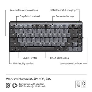 Logitech MX Mechanical Mini for Mac Wireless Illuminated Keyboard, Low-Profile Performance Switches, Tactile Quiet Keys, Backlit, Bluetooth, USB-C, Apple, iPad - Space Grey