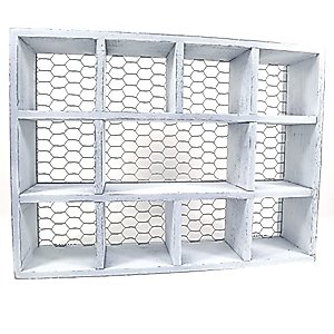 Crystal Holder Display Shelf - Rustic Wall Mounted Shelf for Farmhouse Décor with Chicken Wire for Spices, Rocks, Countertop Organizer, Shadow Box (Rustic White)