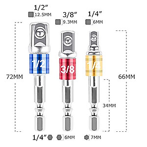 MAEXUS Impact Grade Socket Adapter Extension Set, Turns Power Drill Into High-Speed Nut Driver, 1/4" 3/8" 1/2" Drive, Socket to Drill Adapter for Impact Drivers (3 Pcs)