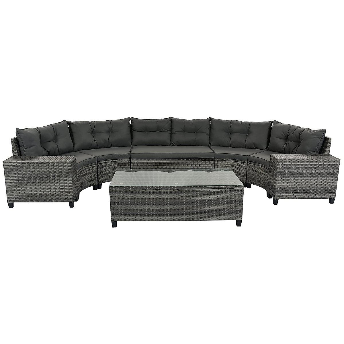 Merax 8-Pieces Outdoor Wicker Round Sectional Curved Sofa Set with Rectangular Coffee Table, PE Rattan Water-Resistant and UV Protected, Movable Cushion, Half-Moon Style, Grey_8Pcs