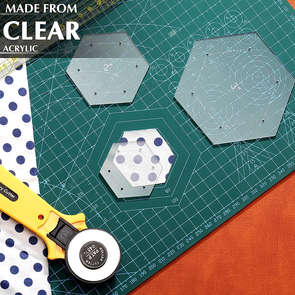 6 Pieces Hexagon Quilting Templates 1 Inch, 1.5 Inch, 2 Inch, 3 Inch, 4 Inch, 5 Inch with 1/4 Inch Seam Allowance, Acrylic Quilting Templates for DIY Quilting Sewing Crafts