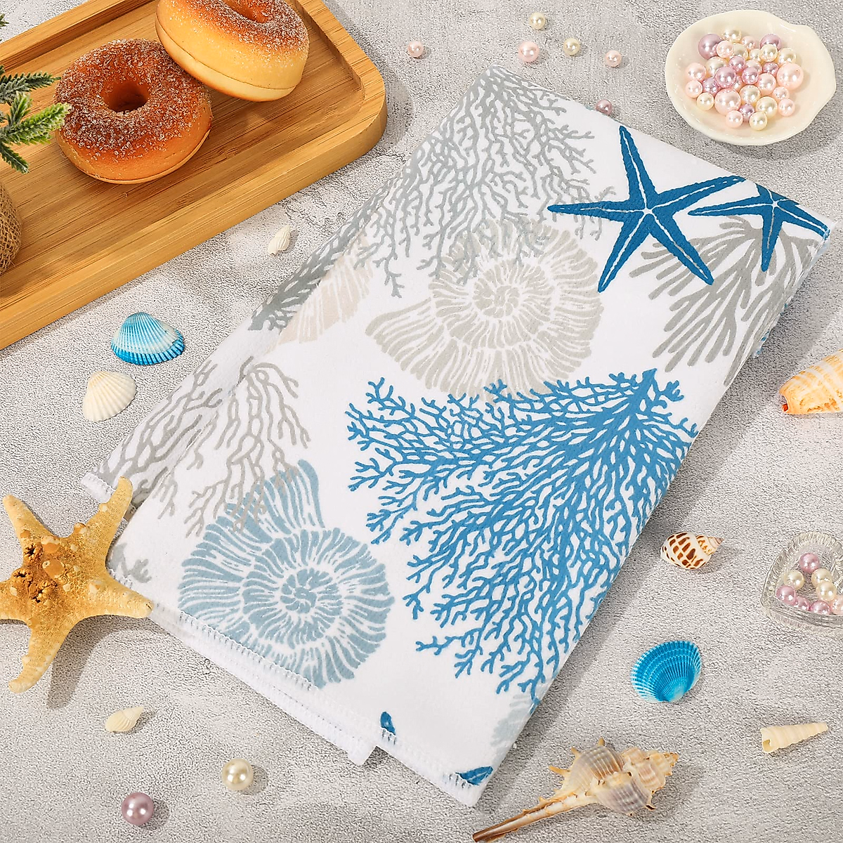 AnyDesign Ocean Theme Kitchen Dish Towel Beach Seashell Coral Starfish Hand Dying Towel Sea Creature Tea Towel for Cooking Baking Kitchen Accessories, Set of 2, 18 x 28 Inch