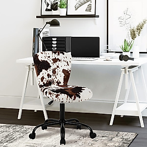 LEEJAY Brown Milk Cow Print Desk Chair for Adults, Armless Swivel Office Task Chair with Black Legs, Fluffy Faux Fur Furry Chair for Bedroom, Mid-Back Fancy Computer Chair, 17.3"x19.3" Seat