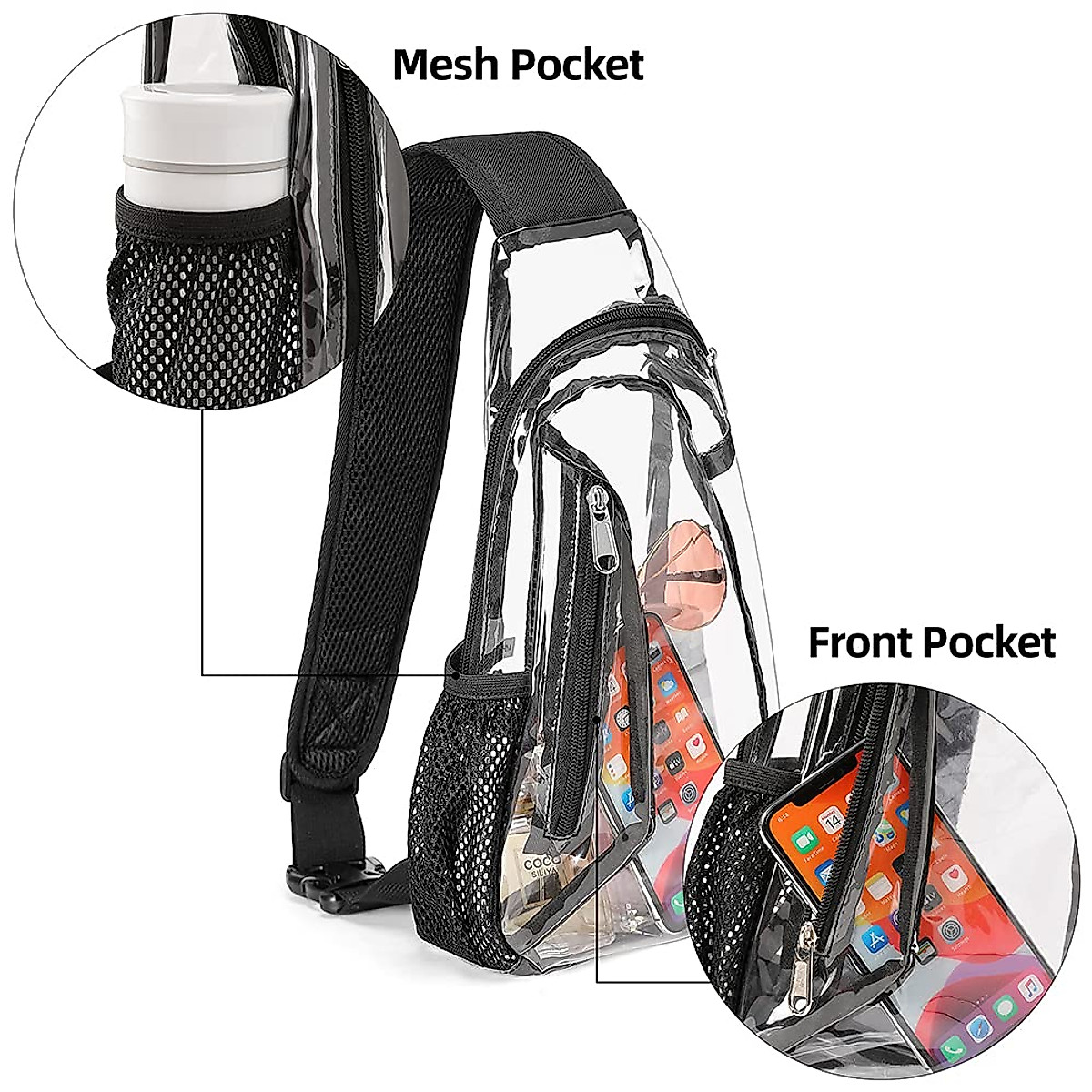 Clear Sling Bag Stadium Approved, Comfortable Small Clear Backpack for Women & Men, Clear Crossbody Stadium Bag, Transparent Bag with Mesh Pocket, Perfect for Sporting Events and Concerts (Black)
