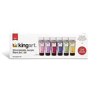 KINGART Metallic Acrylic Paint, Set of 24 Colors, 0.74 oz/22 ml Tubes with Storage Box, Rich Pigments, Non Fading, Non Toxic Paints for Artist & Hobby Painters, Art Supplies for Canvas Painting
