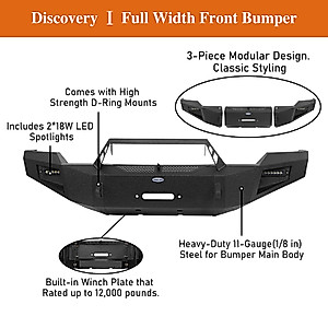 Hooke Road 03-05 Ram Full Width Front Bumper w/Winch Plate & LED Spotlights for 2003 2004 2005 Dodge Ram 2500 3500 Truck (Excluding Diesel Models), Solid Steel Offroad Bumper