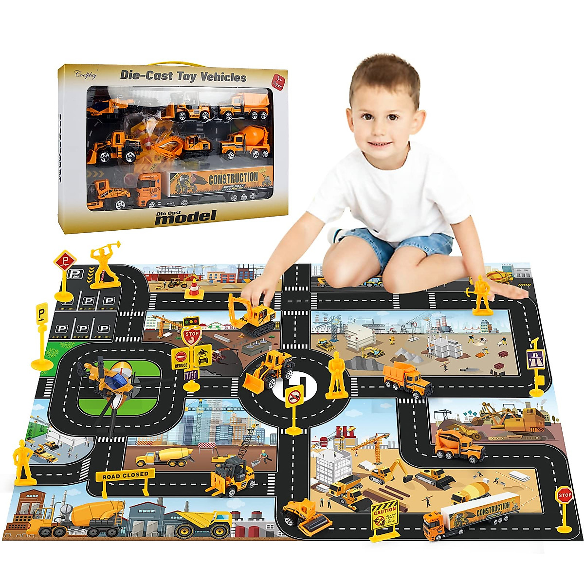 Coolplay Construction Vehicle Toy Set, Little Die Cast Car Toy Forklift, Bulldozer, Excavator, Mixer, Dump Truck Toy for Kids 3 4 5 6 Years Old