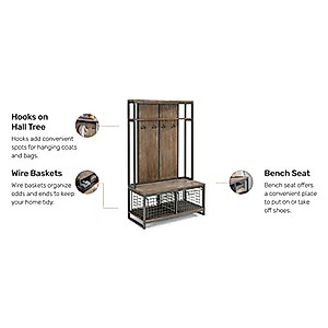 homestyles Barnside Metro Hall Tree Constructed of Mixes Media, Gray Metal Frame with Multi-toned Driftwood Finish with Two Large Storage Baskets and Four Hooks