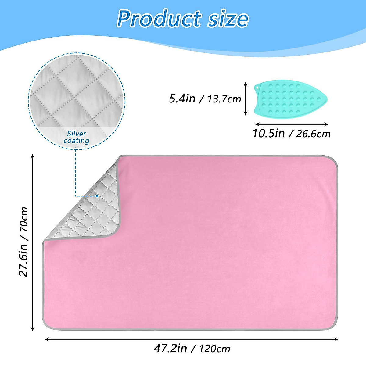 Kigai Plain Carnation Pink Solid Color Ironing Mat - with 3mm Padding & Silicone Iron Rest, Quilting & Travel Portable Ironing Pad, Quilted Washer Dryer Heat Resistant Pad 47 X 27.6 Inch