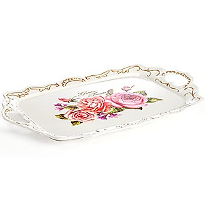 Nicunom 3 Pack Serving Trays with Handles, Melamine Stackable Serving Platter BPA-Free Rectangle Food Tray Set with Flower Pattern for Home, Parties and Restaurants, Safe for Dishwashe