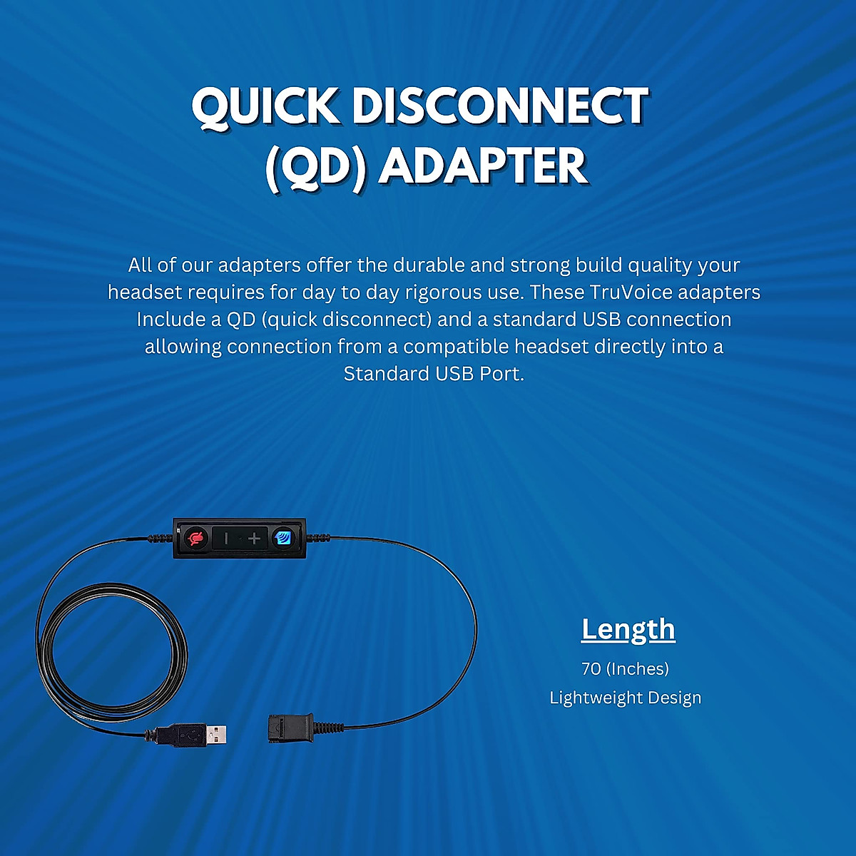 TruVoice USB-A to QD Adapter Cable Compatible with Any Plantronics Wired Headset with a QD and Includes Volume Control and Mute Functionality (Connects Headset to PC, Laptop and Softphones)