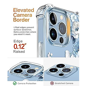 GVIEWIN for iPhone 13 Pro Case with Screen Protector & Camera Lens Protector, [10FT Military Grade Drop Protection] Clear Shockproof Slim Fit Floral Phone Case for Women Girls (Rosa Chinensis/Blue)