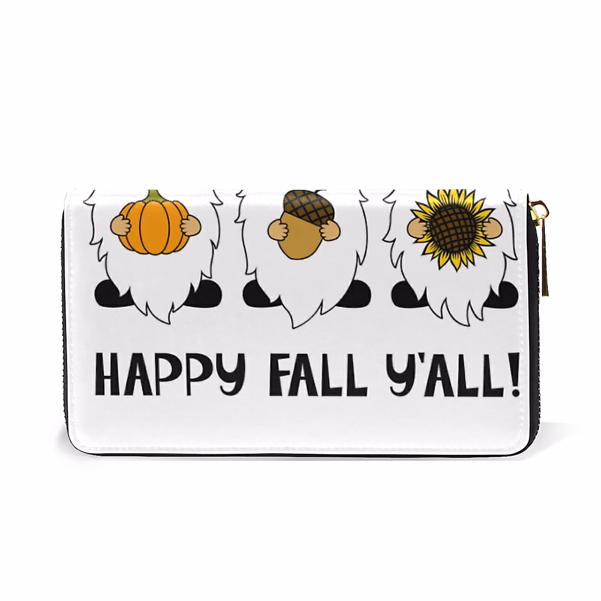 Gnomes in Leopard Caps with Sunflower Pumpkin Acorn Leather Long Wallet Organizer with Zipper Purse Clutch Bag for Women Men