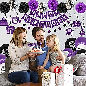 Birthday Decorations Purple for Girls and Women, Happy Birthday Party Decoration Balloons Banner Latex Balloon Supplies Tissue Paper Pom Pom Star Garland Hanging Swirls Birthday Decor for 13th 16th