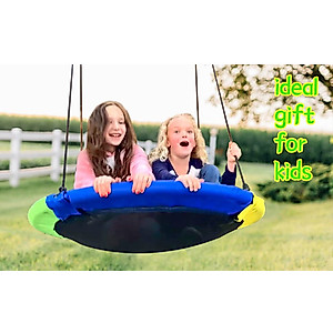 Hishine 43" Saucer Tree Swing for Kids, 360° Rotate Waterproof Flying Saucer Swing with Swivel, Hanging Straps, Adjustable Ropes, Round Mat Spinner Swing for Tree/Swing Set (Rainbow)