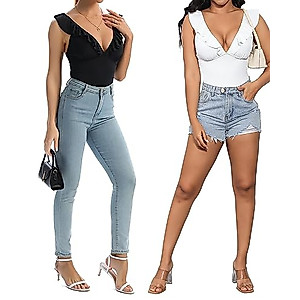 Donnalla Women’s Sexy Deep V Neck Ruffle Sleeveless Backless Double Lined Thong Tank Bodysuits Tops