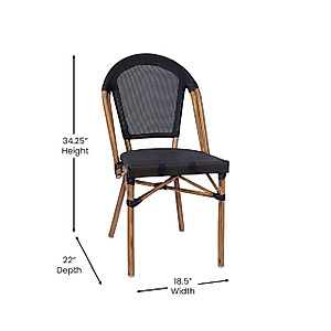 BizChair Set of 2 Indoor/Outdoor Commercial Bistro Stacking Chair, Black Textilene Back and Seat, Bamboo Print Aluminum Frame in Natural