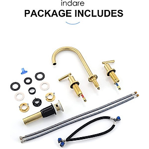 Brushed Gold Bathroom Faucet, Indare Two Handles 360° Swivel Spout Widespread 4Inch 8Inch Brass Bathroom Sink Faucet 3 Hole with Pop-Up Drain and Water Supply Lines, Upgraded Style
