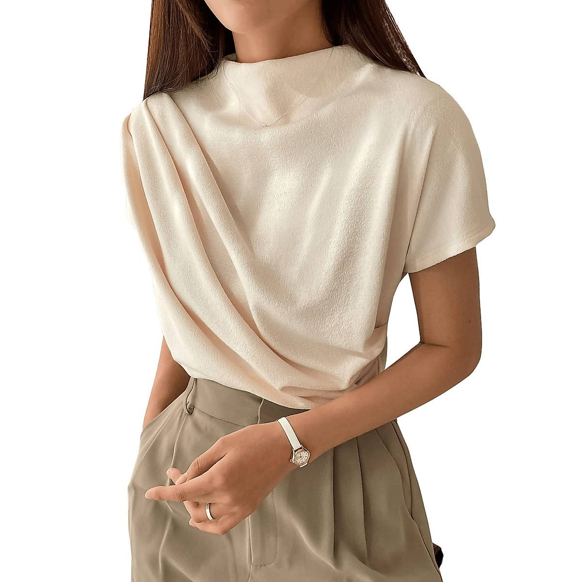 SweatyRocks Women's Casual Short Sleeve Mock Neck Tee Top Asymmetric Ruched Plain T Shirt Beige S
