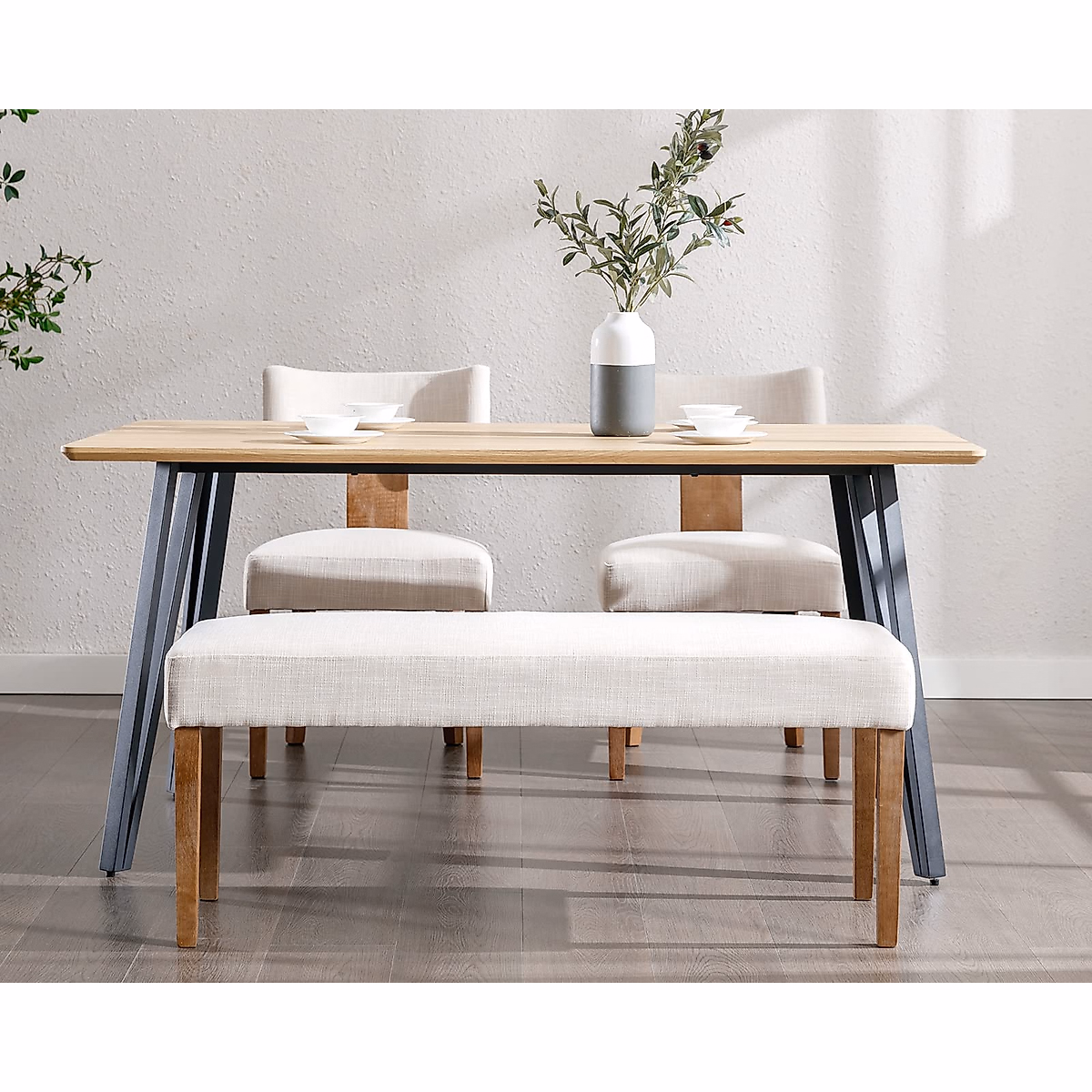 LIVINOVA Farmhouse Upholstered Dining Bench Seat, 45" Linen Entryway Bench with Natural Wood Legs, Mid Century Modern End of Bed Bench for Kitchen Bedroom Living Room Hallway, for 2-3 Person, Beige