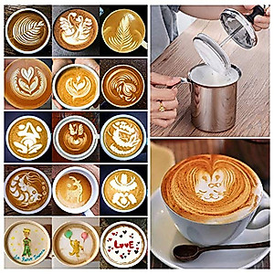 Manual Milk Creamer Hand Pump Frother Cappuccino Latte Coffee Foam Pitcher with Handle, Lid, Double Layer Filter Screen, Stainless Steel, 17-Ounce Capacity (500ml)